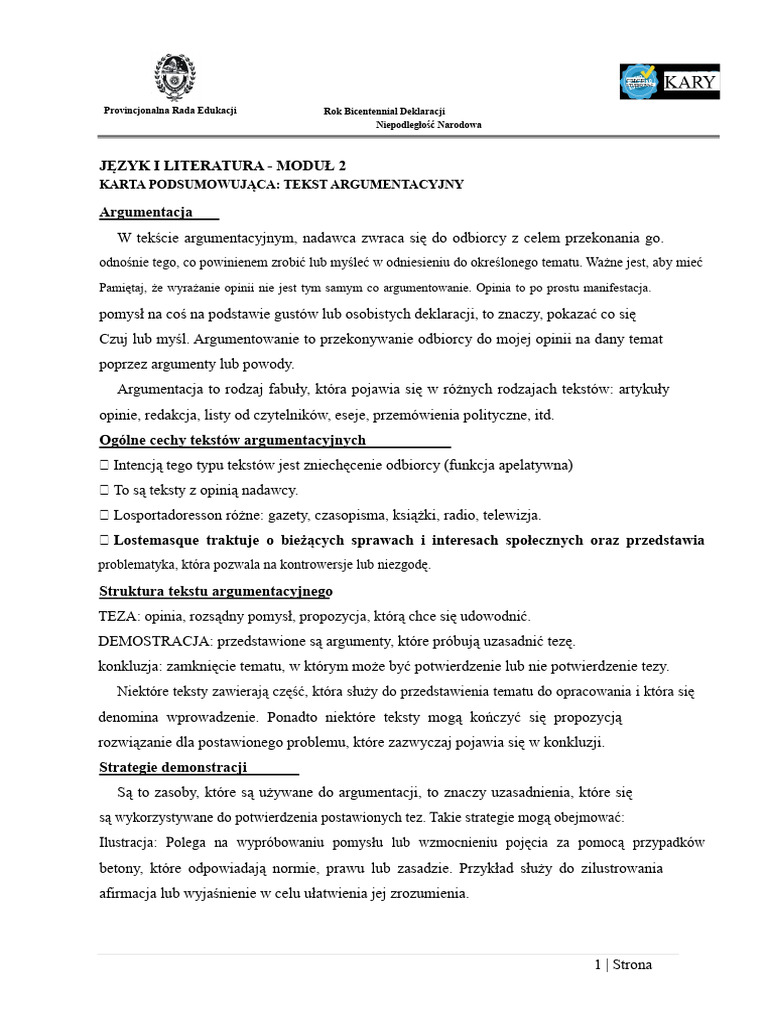 Karta Tekstu Argumentacyjnego | PDF