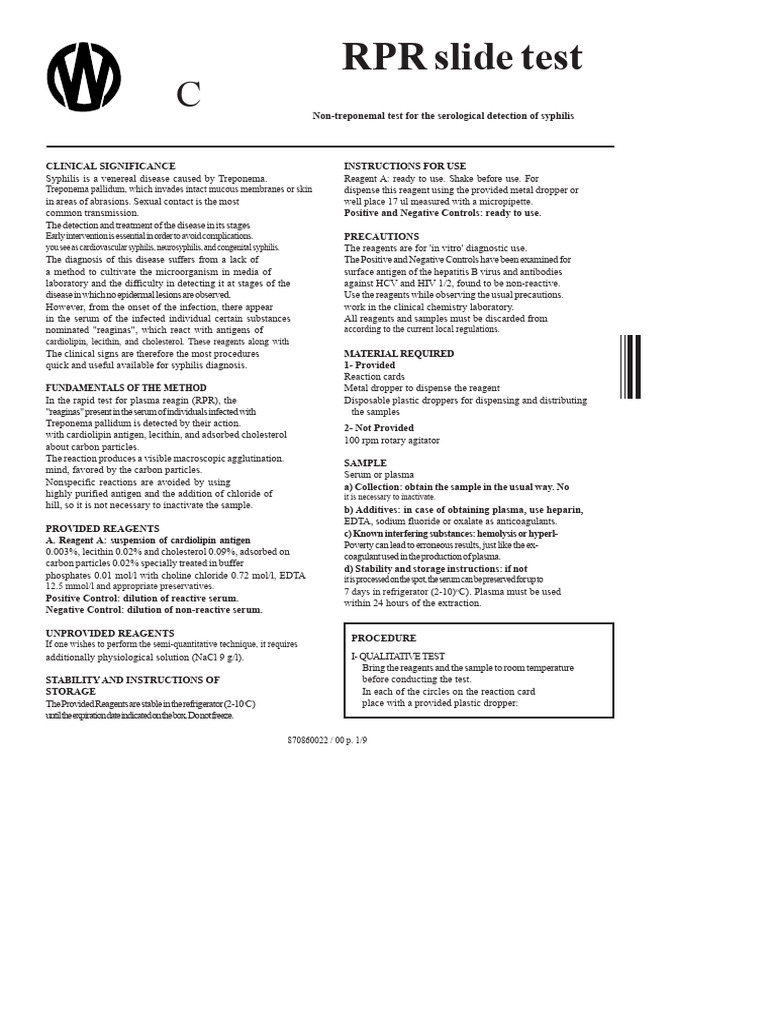 RPR Test for Syphilis Detection | PDF | Blood Plasma | Serology