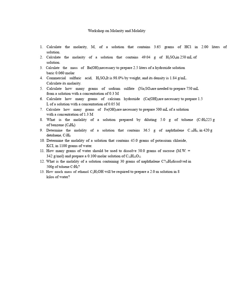 Workshop On Molarity and Molality | PDF