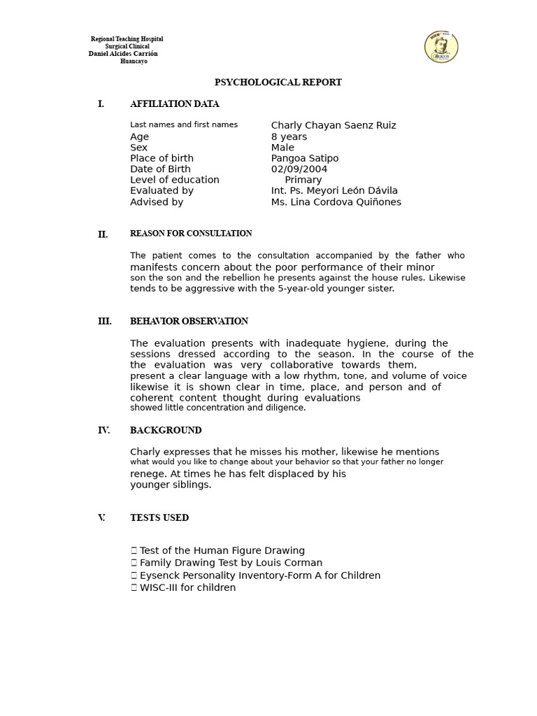 Child Psychological Evaluation Report | PDF | Impulsivity | Psychotherapy