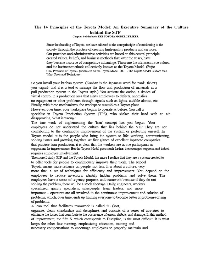 Toyota Model: 14 Key Principles Summary | PDF | Volkswagen | Lean ...