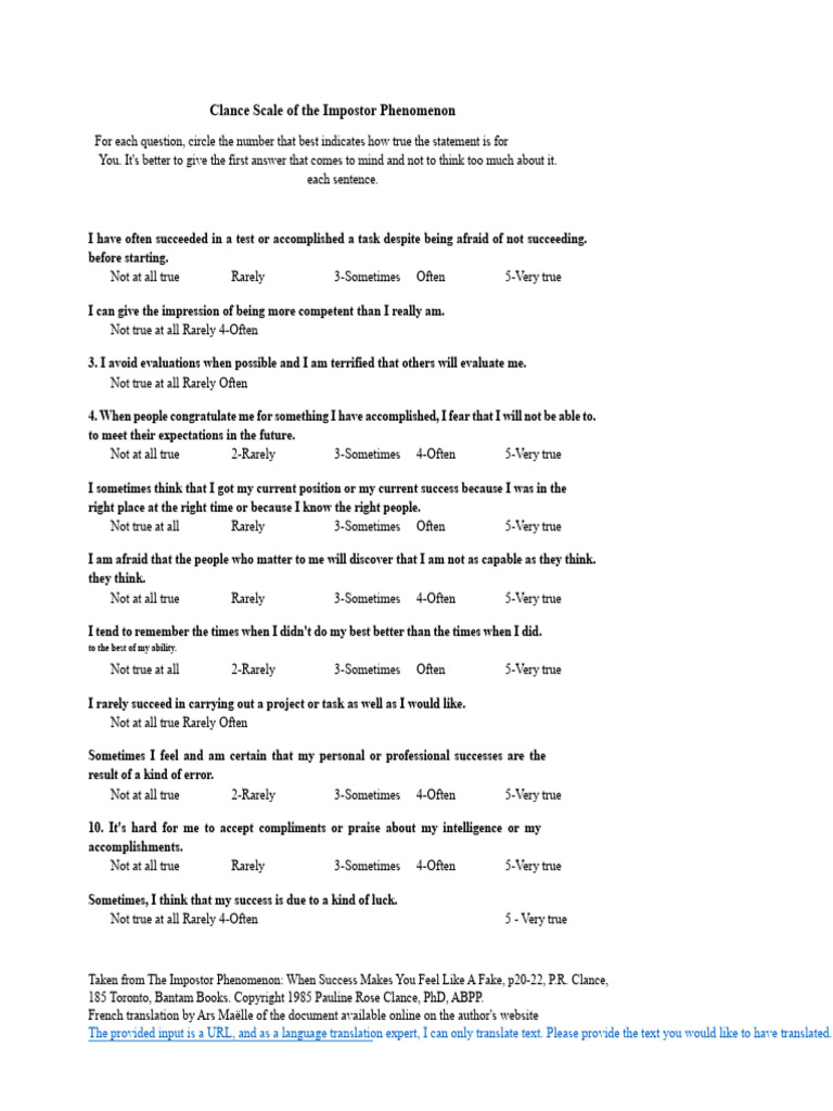 Clance Impostor Phenomenon Scale | PDF | Psychology | Psychological ...