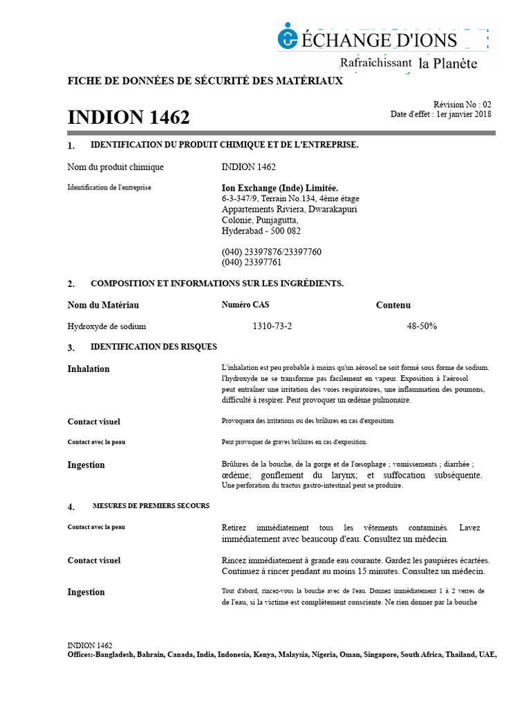 Fiche de sécurité INDION 1462 - Hydroxyde de sodium | PDF | Hydroxyde ...