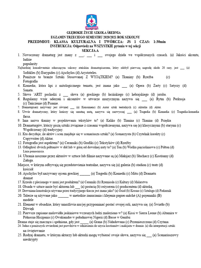 JS 1 Cca Egzaminy 3. Semestr 2020-2021 | PDF