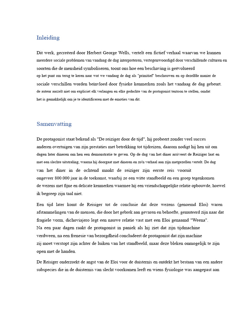 Samenvatting en Conclusies Van Het Boek "De Tijdmachine" | PDF