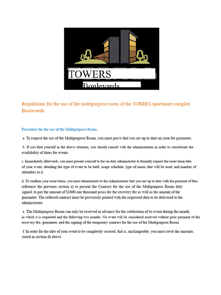 Regulations For The Use of Multipurpose Room 2021 | PDF | Fee | Condominium