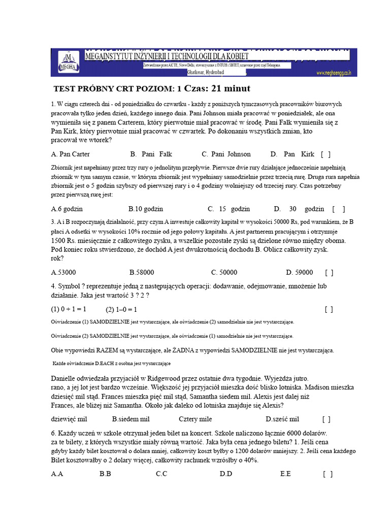 Test Próbny CRT Poziom 1 Pytania (Poufne) | PDF