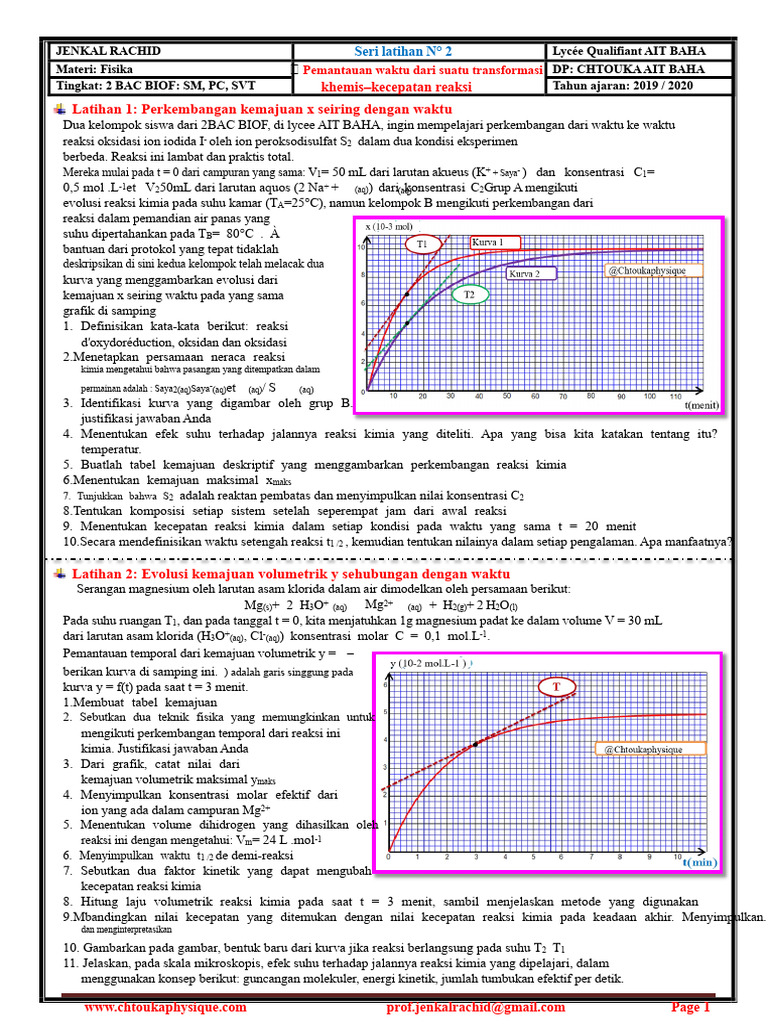Serangkaian Latihan 2, Pemantauan Waktu Dari Transformasi Kimia - Kecepatan Reaksi, 2BAC BIOF ...