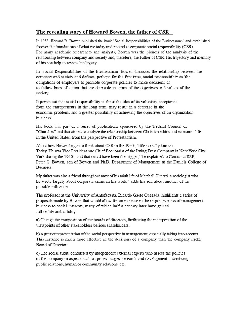 The Revealing Story of Howard Bowen | PDF | Corporate Social ...