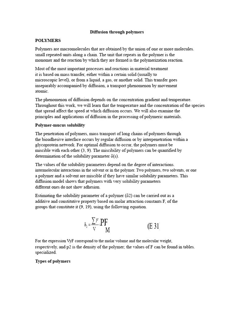 Diffusion Through Polymers Pdf Polymers Solubility
