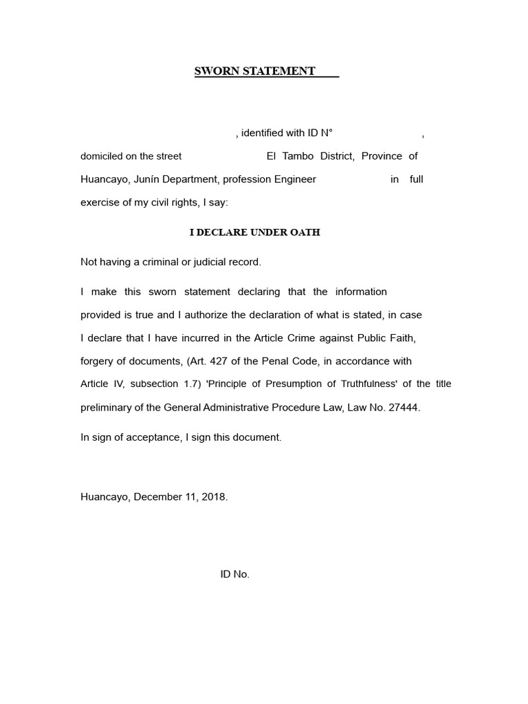 Sworn Statement of No Criminal Record | PDF