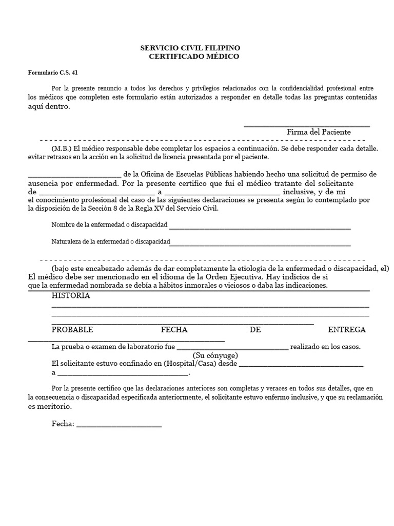 Certificado Médico CSC Form 41 | PDF | Cuidado de la salud | Medicina
