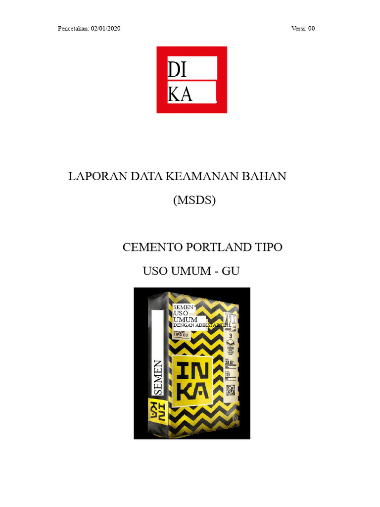 Lembar MSDS - Semen Tipe GU 2020 V 00-1 (Inka) | PDF