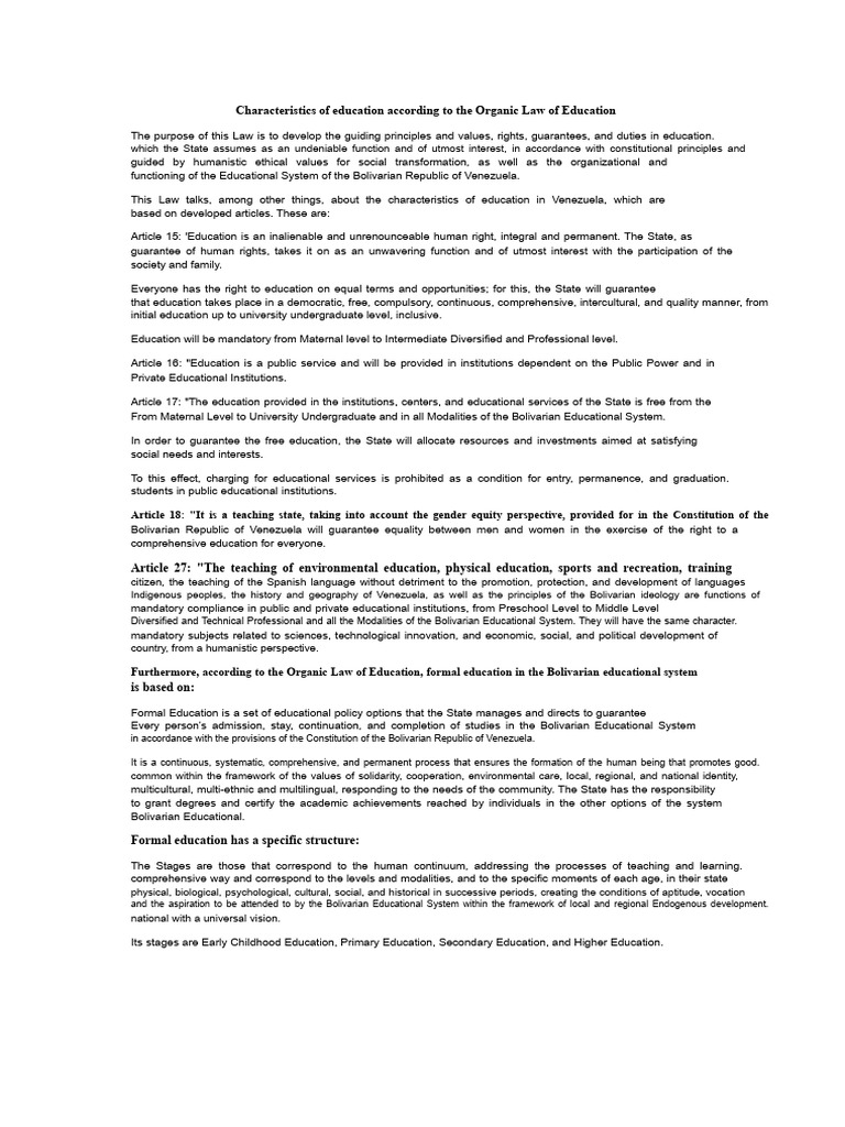 Characteristics of Education According To The Organic Law of Education ...