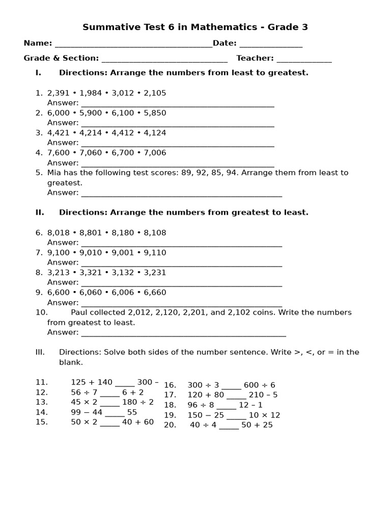 Summative Test 6 in Math | PDF