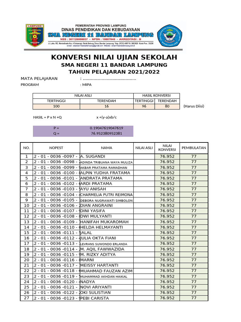 Konversi Nilai Us 2022 | PDF