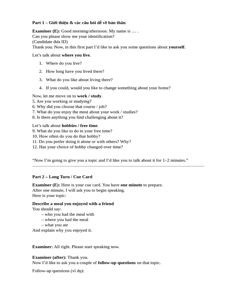 IELTS Speaking Test: Self-Introduction & Meals | PDF