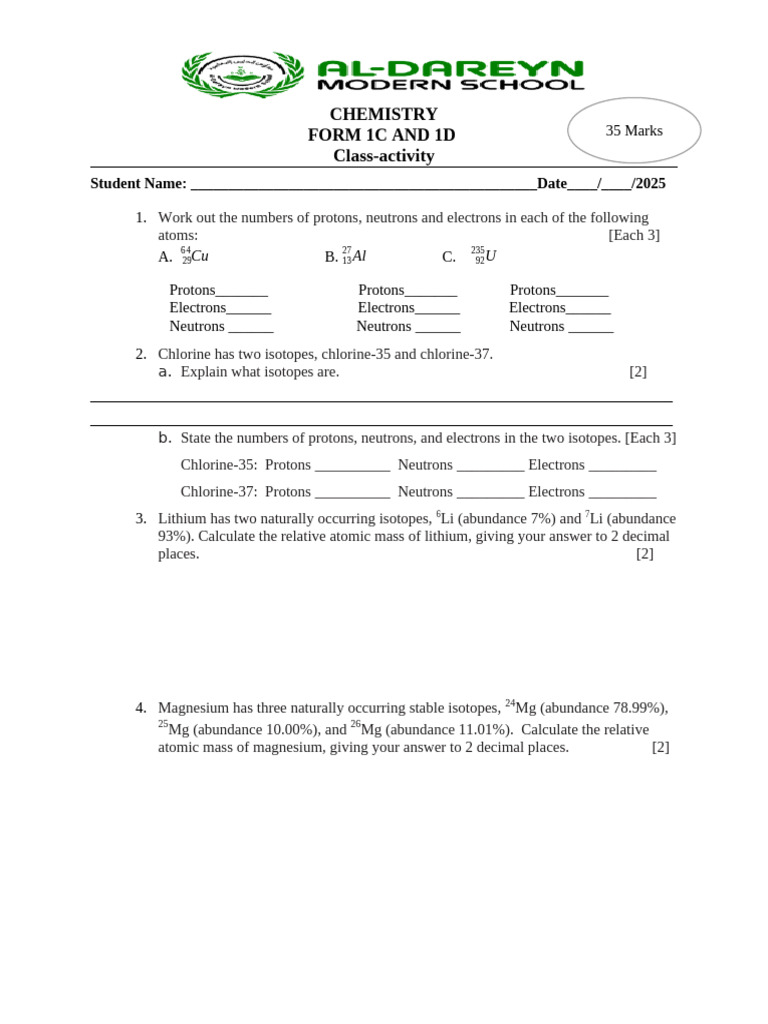 Class Activity Form 1C and 1D 2025 | PDF | Isotope | Proton