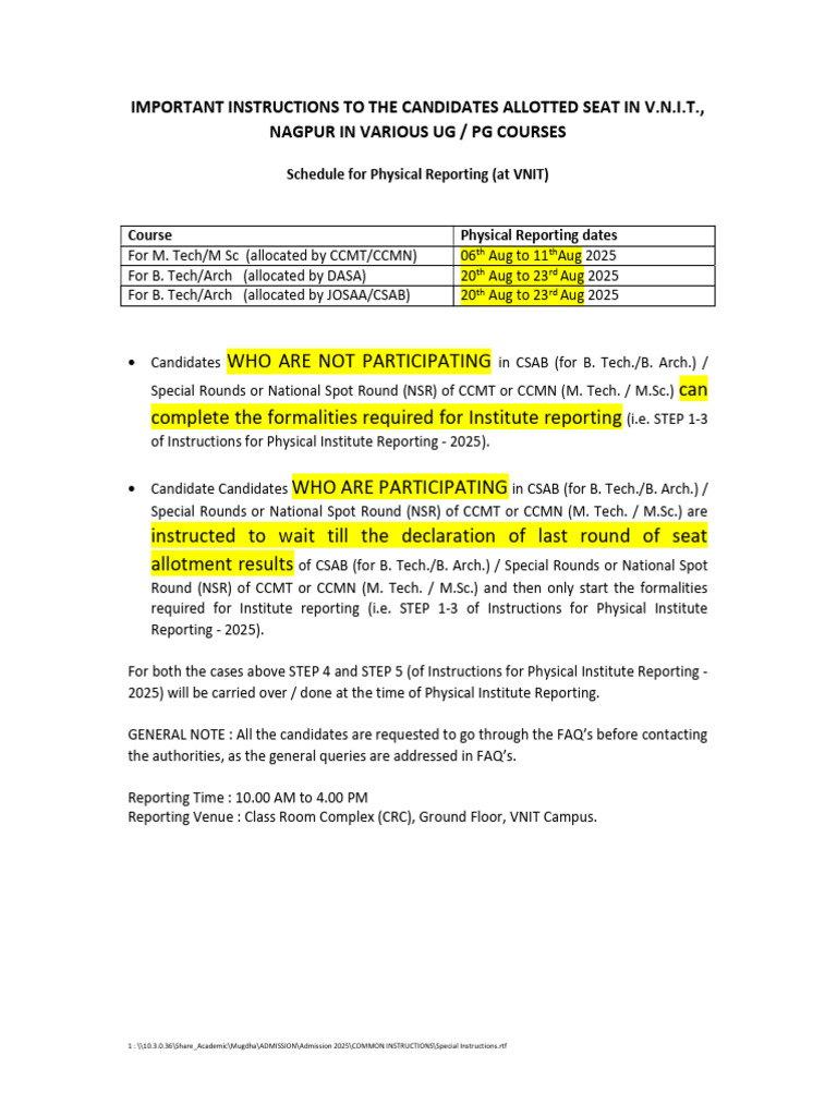 Special Instructions | PDF