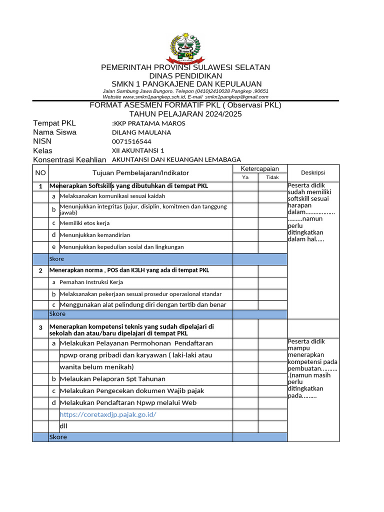 Format Asesmen Formatif PKL | PDF