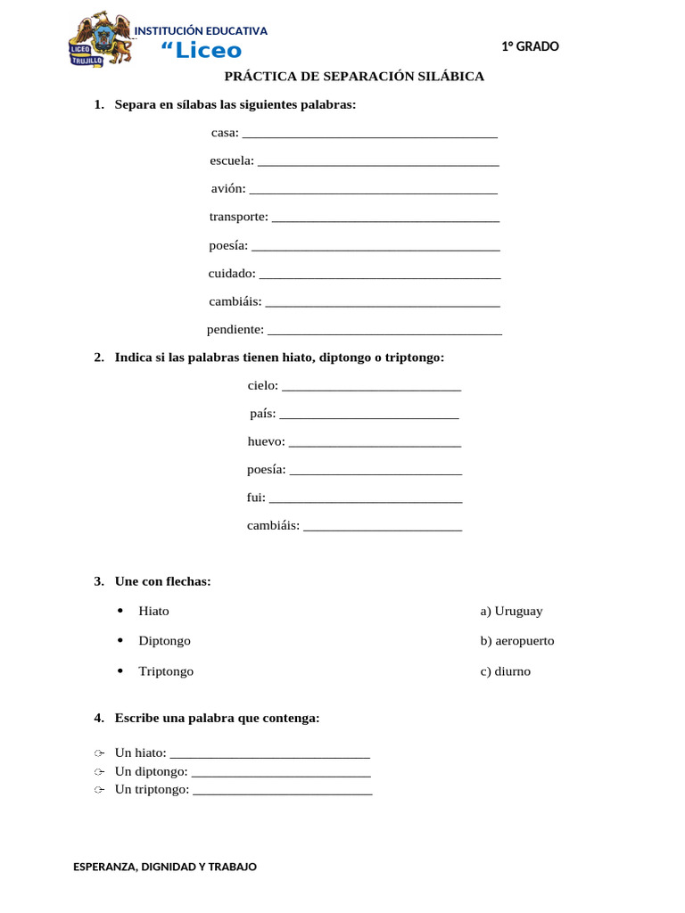 Práctica de Separación Silábica 1° Grado | PDF