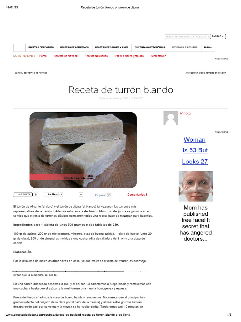Receta de Turrón Blando o Turrón de Jijona | PDF | Postres | Cocina