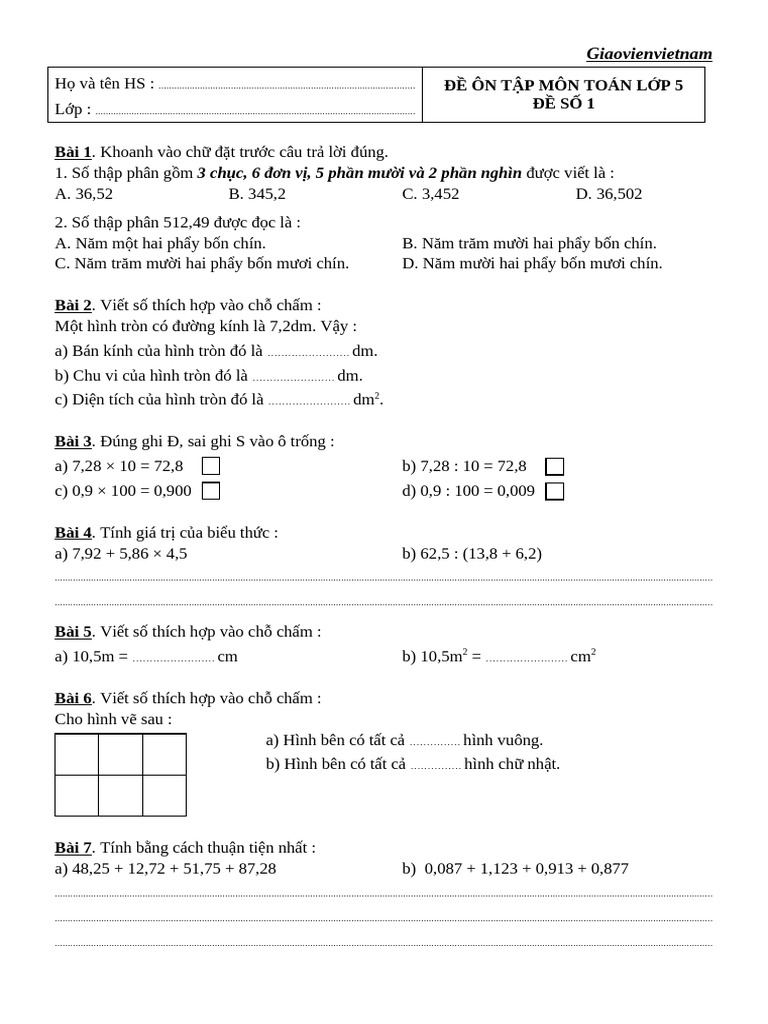 Bo de On Tap o Nha Lop 5 Mon Toan | PDF