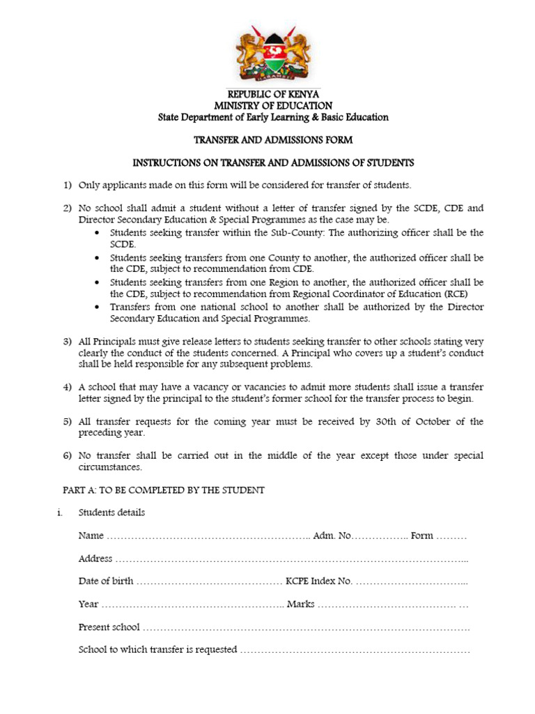 Sub County Both Transfers and Admissions of Students Form 1 | PDF