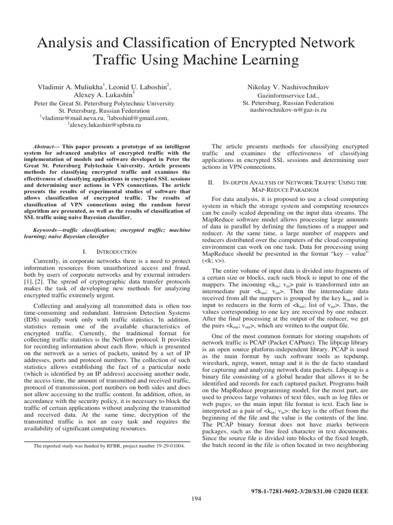 Analysis and Classification of Encrypted Network Traffic Using Machine Learning | PDF | Computer ...