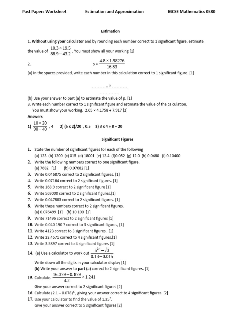 Estimation and Approximation | PDF | Significant Figures | Worksheet