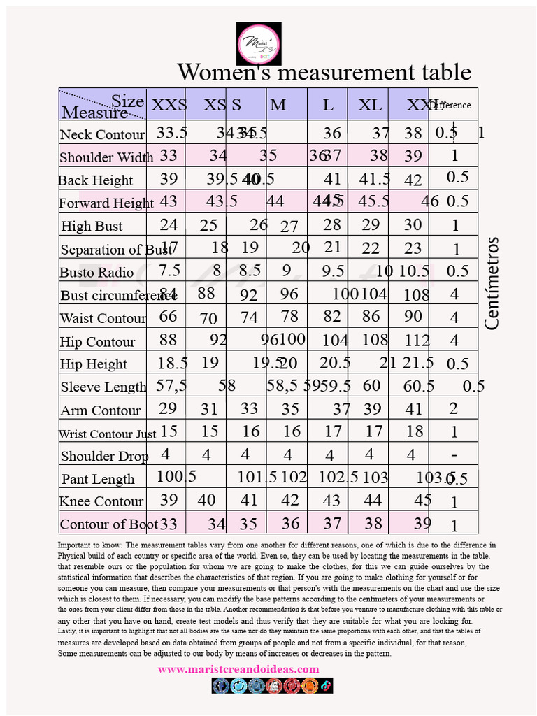 Measurements Table For Women Marist Creating Ideas. N | PDF | Clothing ...