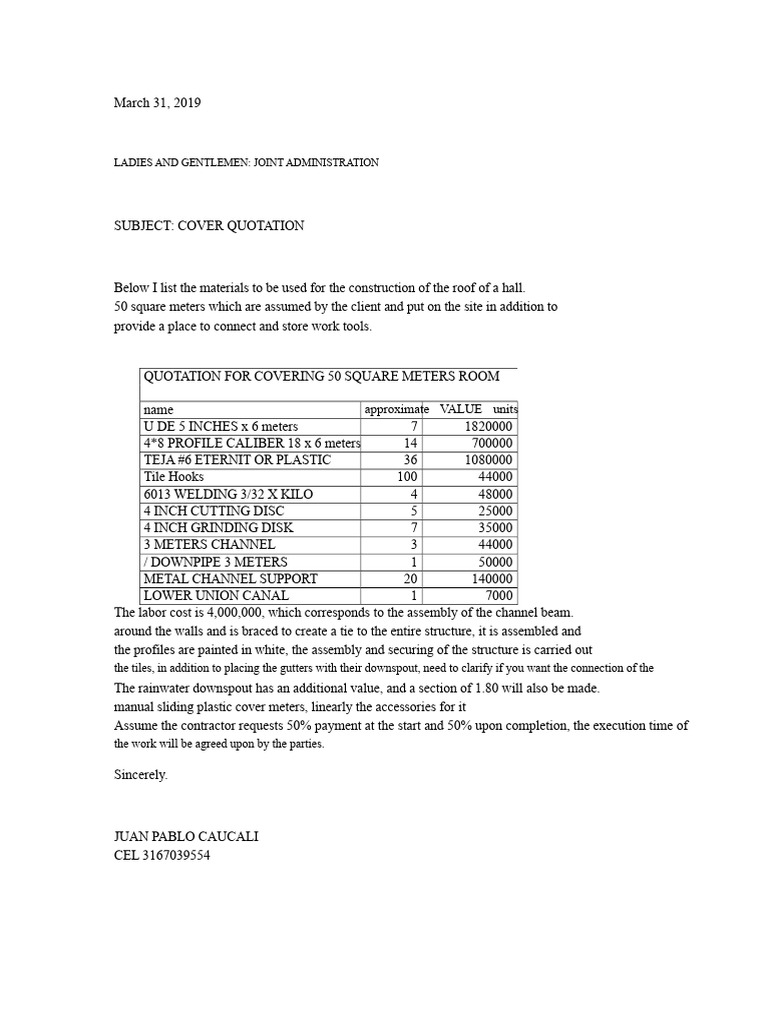 Quotation For Covering 50 Square Meters Salon | PDF