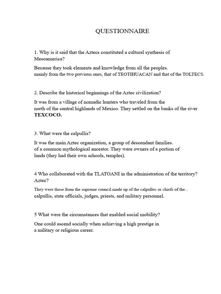 QUESTIONNAIRE Mayans and Aztecs | PDF | Pre Columbian Era | Pre ...