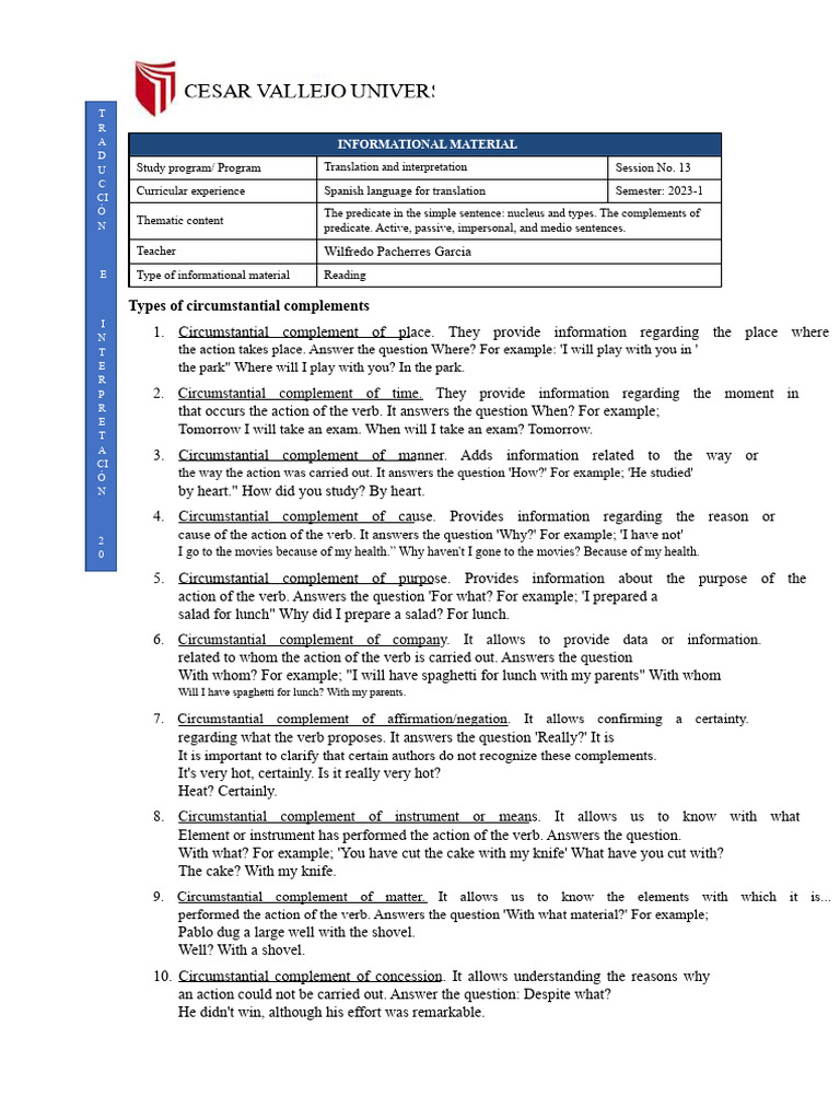 13 Types of Adverbial Complements | PDF | Subject (Grammar) | Verb