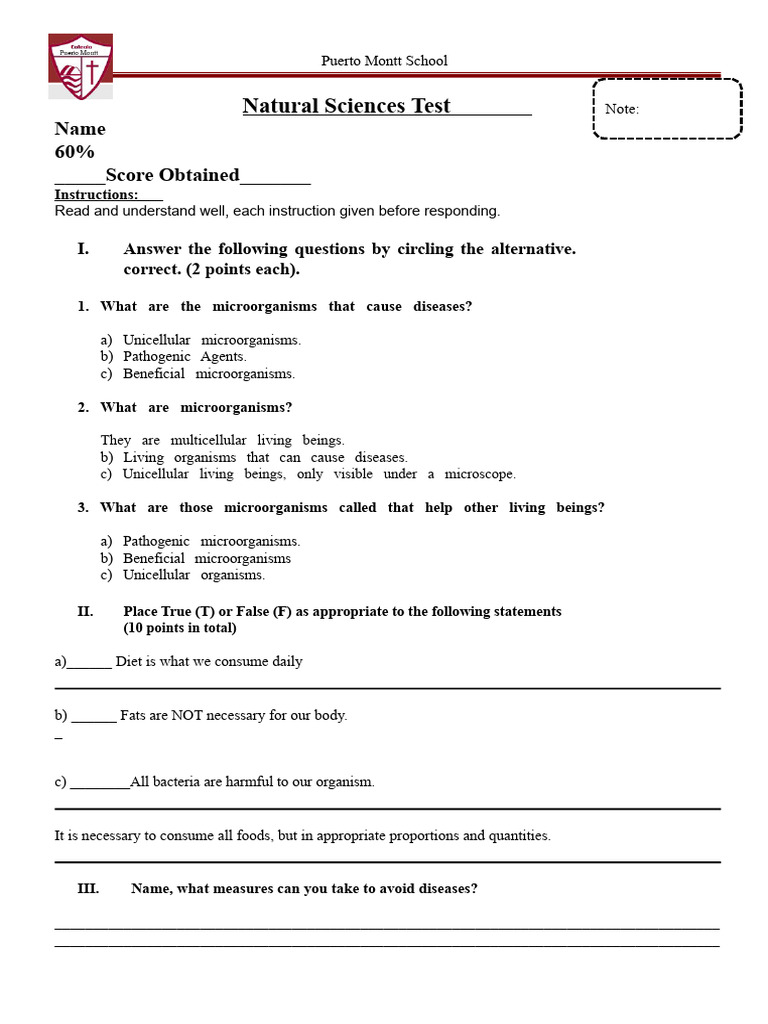 Natural Sciences Test Fifth Grade Microorganisms | PDF