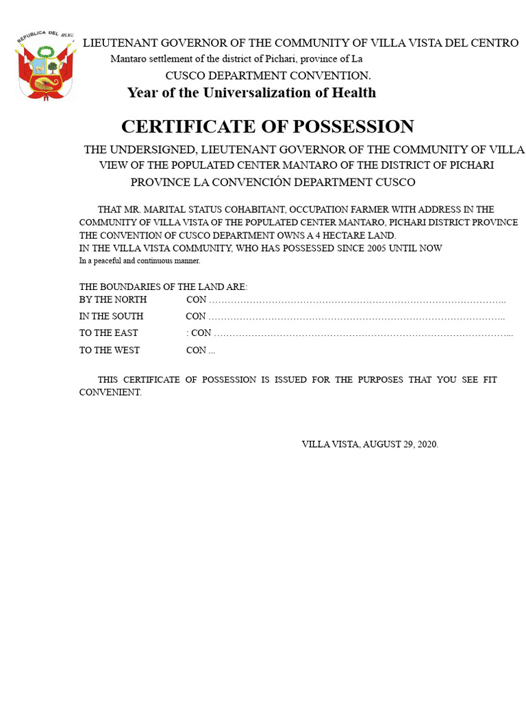 Certificate of Possession 2020 Deputy Governor Villa Vista | PDF