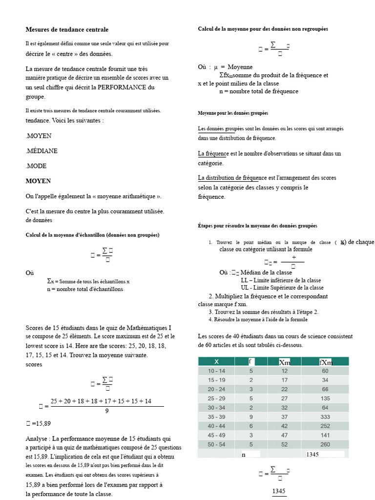 Mesure de Tendance Centrale Pour Données Groupées 1 | PDF | Moyenne ...