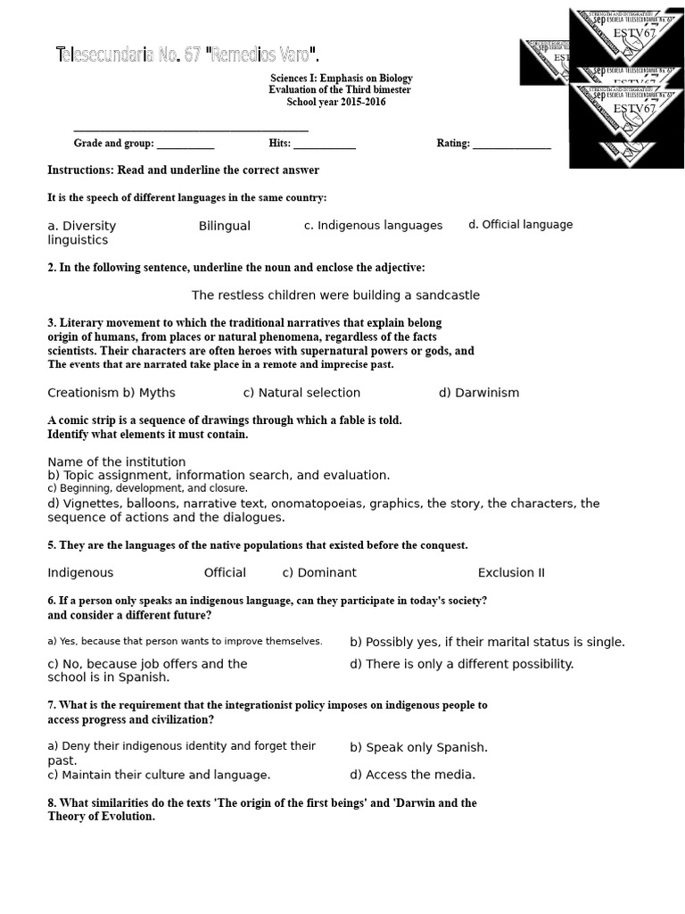 Spanish Exam First Grade Block 3 | PDF | Narrative | Adjective