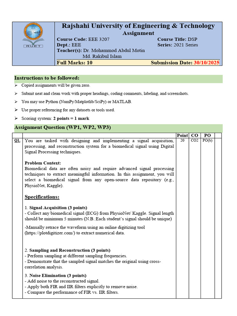 Assignment OBE Based EEE 3207 | PDF | Digital Signal Processing | Telecommunications Engineering