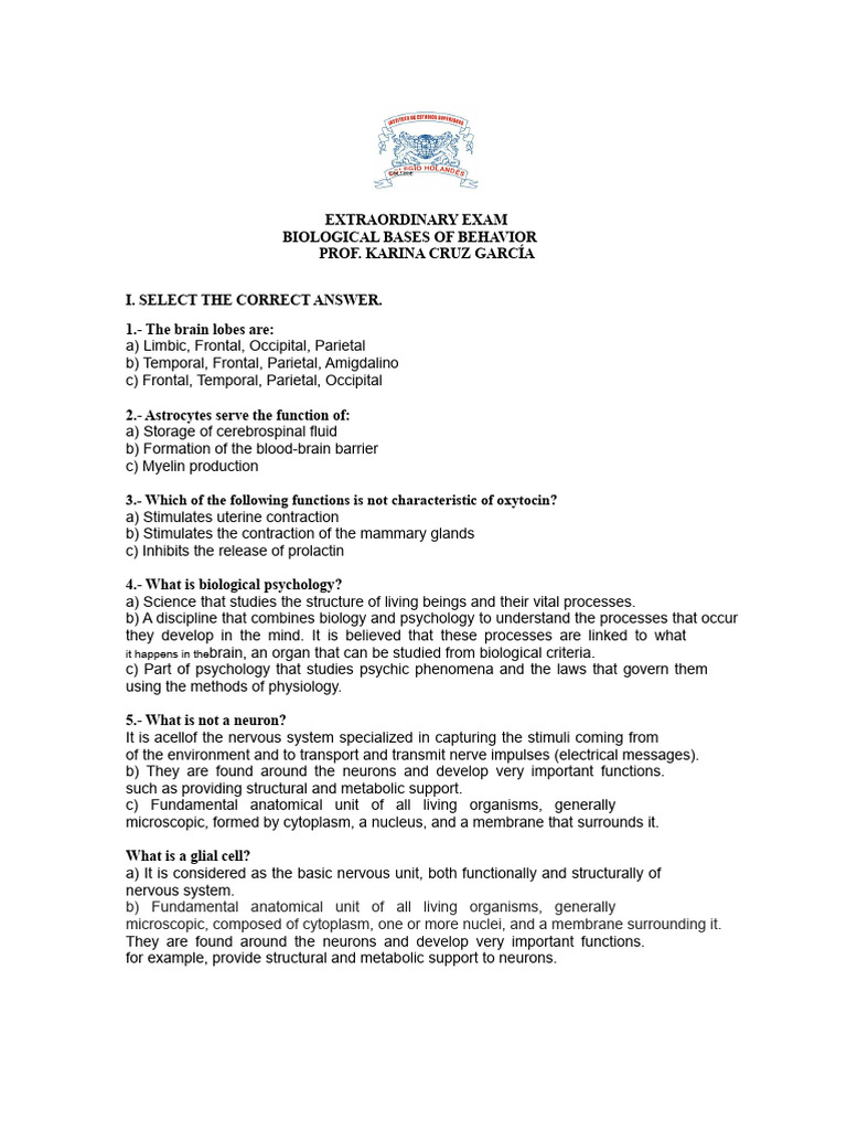 Biological Bases of Behavior Exam Guide | PDF | Nervous System | Neuron