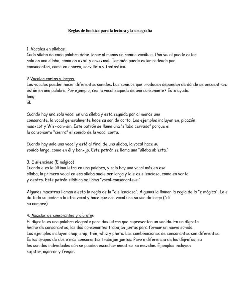 Reglas de fonética para lectura y escritura | PDF | Sílaba | Vocal