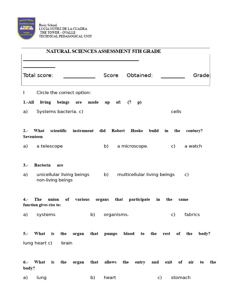 5th Grade Natural Sciences Assessment | PDF | Heart | Cell (Biology)