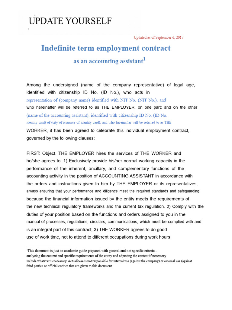 Indefinite Employment Contract for Accounting Assistant | PDF ...
