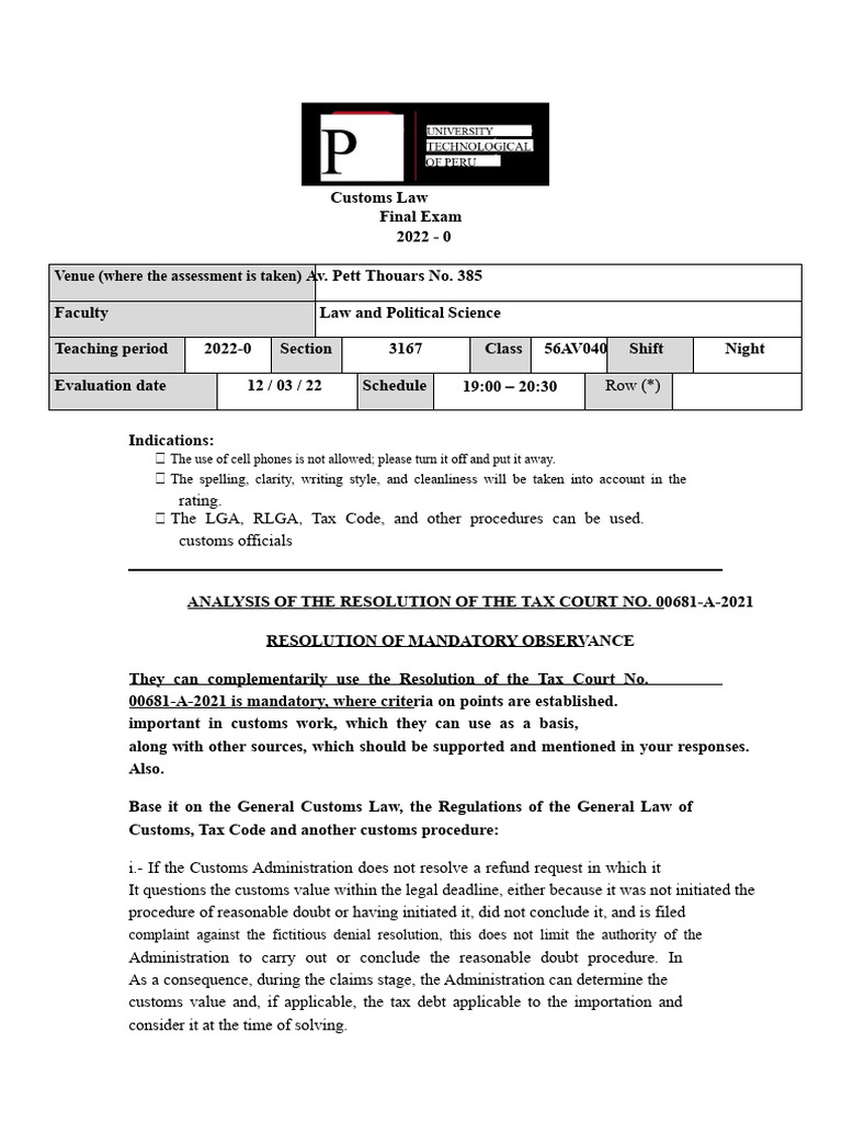 Customs Law Final Exam Analysis 2022 | PDF | Customs | Taxes