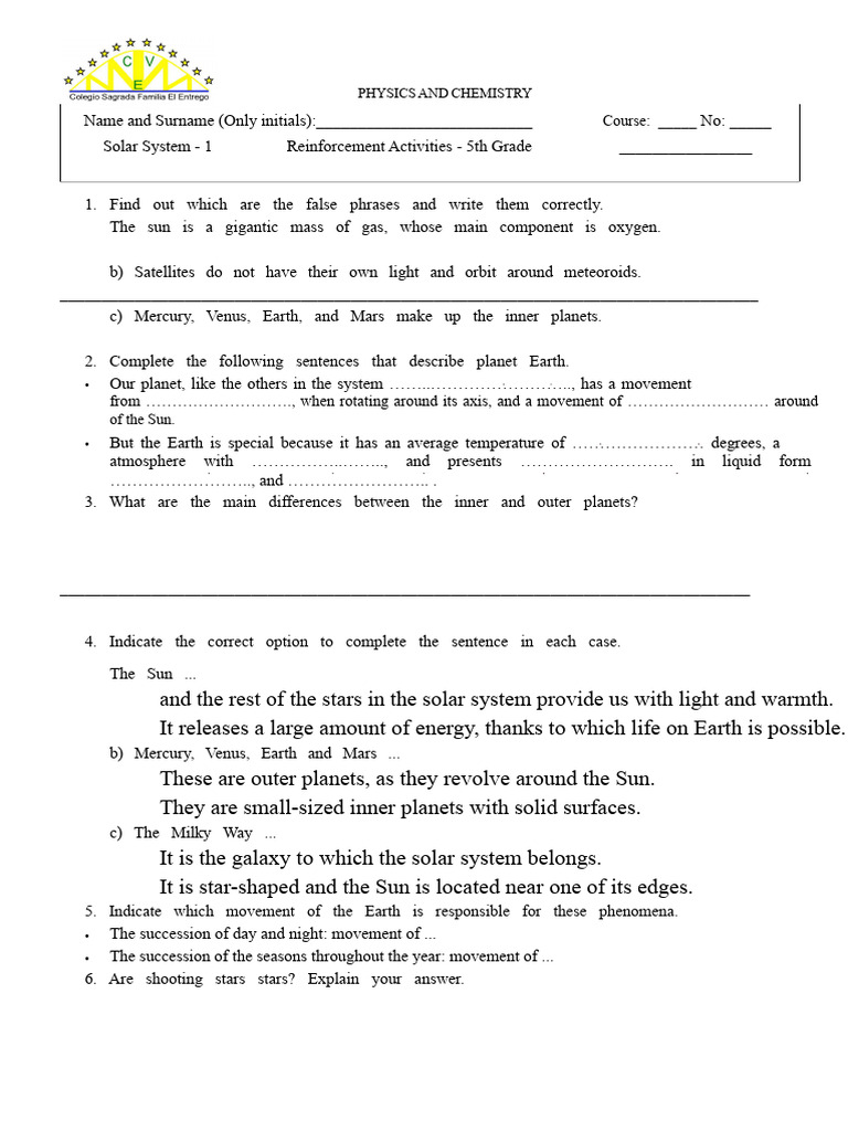 5th Grade Solar System Activities | PDF | Solar System | Planets