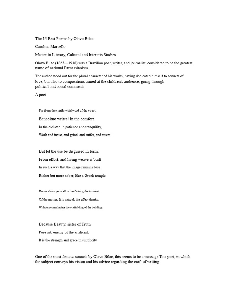 Top 15 Poems by Olavo Bilac | PDF | Love | Adam