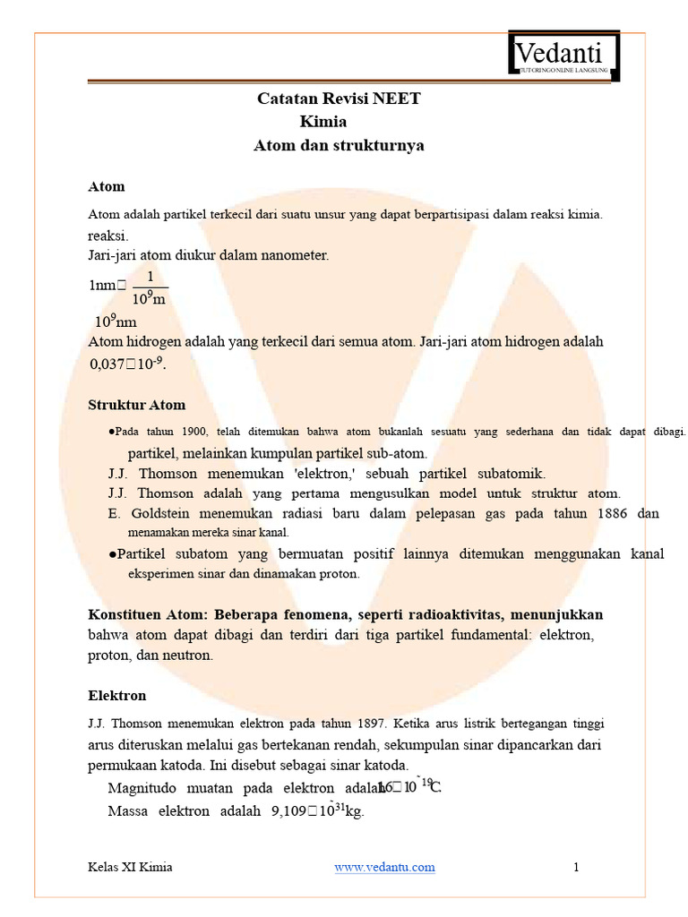 Atom Dan Strukturanya Catatan Kelas 11 NEET Kimia (PDF) | PDF