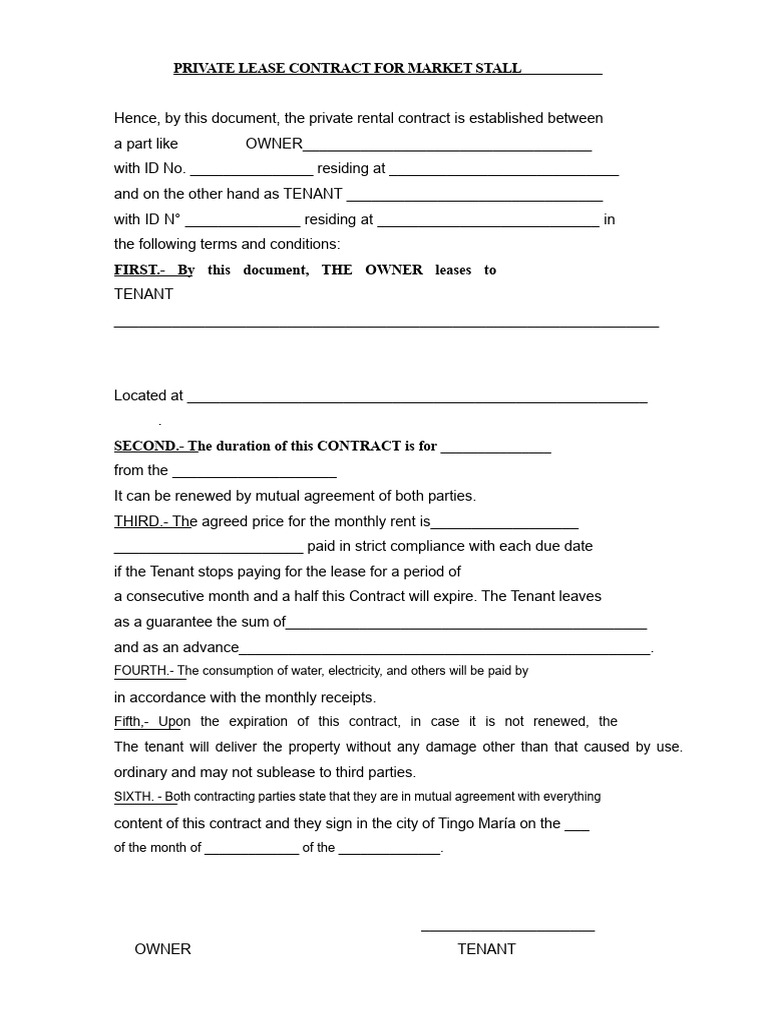 Private Rental Contract For Market Stall | PDF