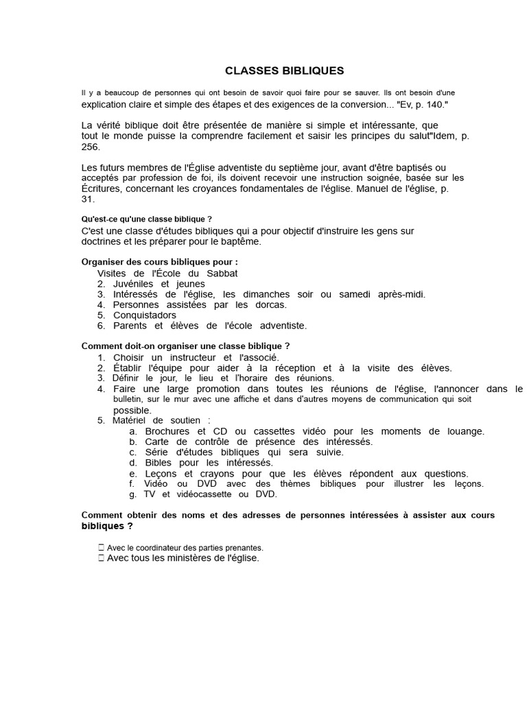 Organisation de Classes Bibliques efficaces | PDF | Baptisme | Église ...