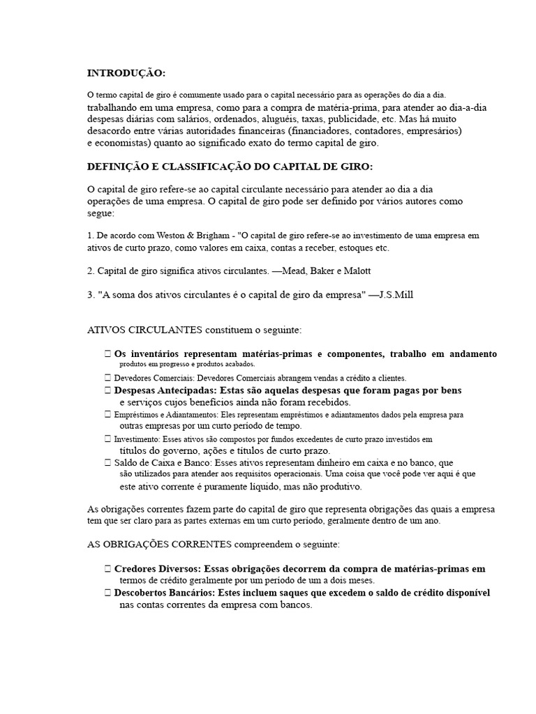 Entendendo o Capital de Giro Empresarial | PDF | Capital (economia ...